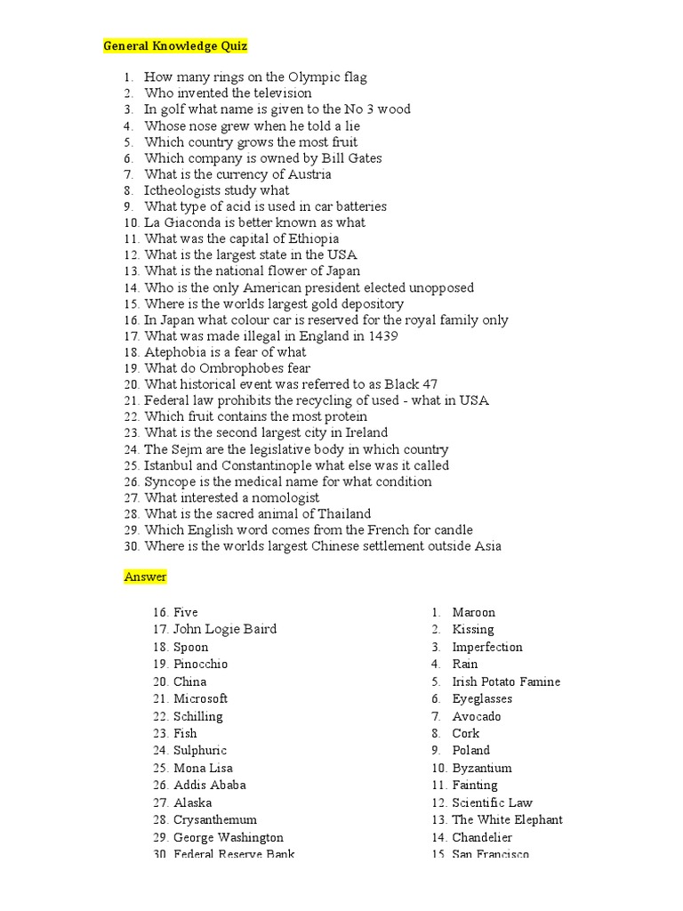 General Knowledge Quiz | PDF