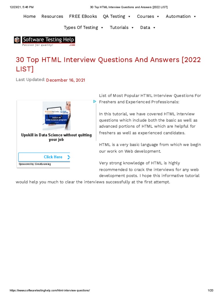 30 Top HTML Interview Questions and Answers (2022 LIST) | PDF | Html ...