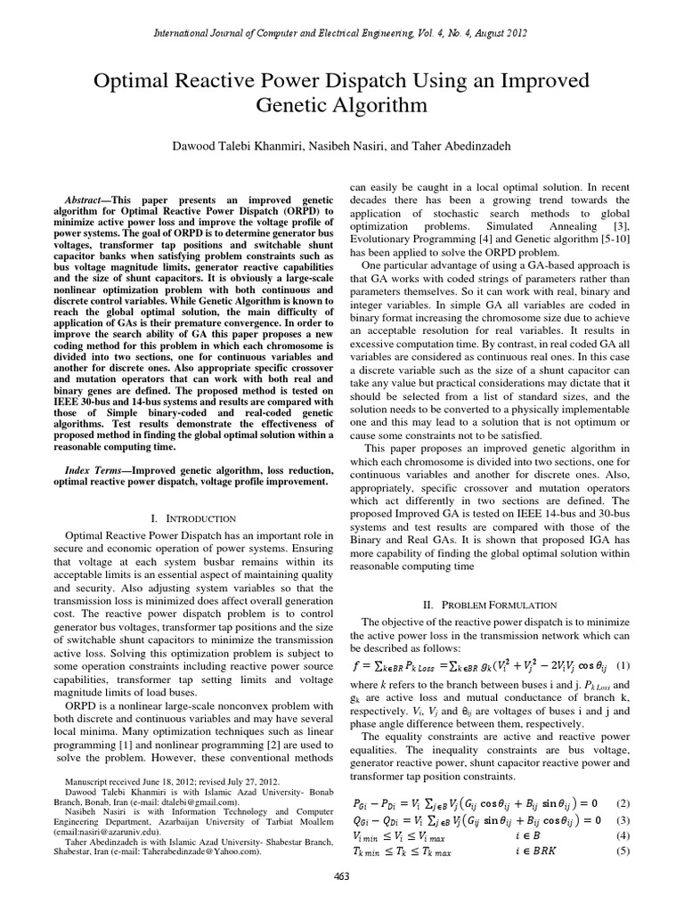 Optimal Reactive Power Dispatch Using An Improved Genetic Algorithm Pdf Genetic Algorithm