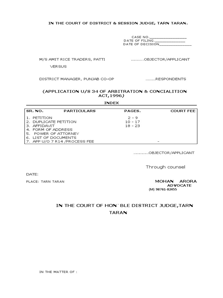 Application Under Section 34 Of The Arbitration And Conciliation Act