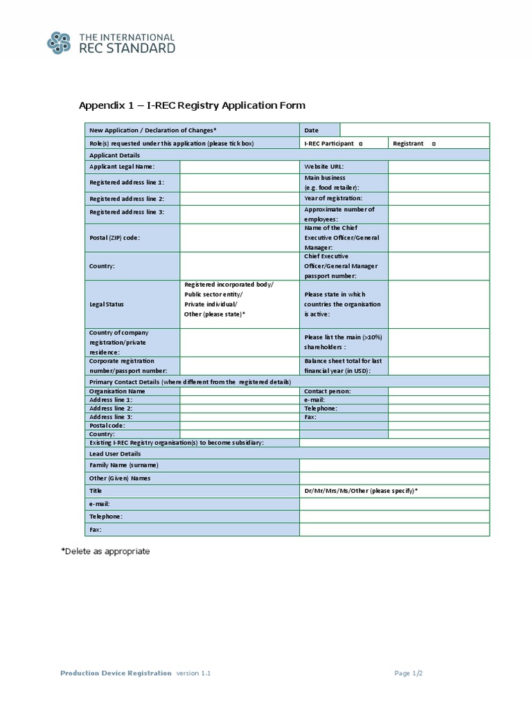 I-REC Registrant and Participant Application Form v1.1 | PDF