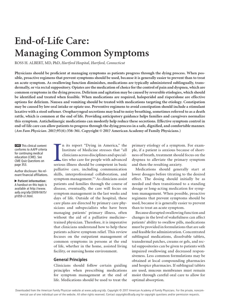End-Of-Life Care: Managing Common Symptoms: Ross H. Albert, MD, PHD ...