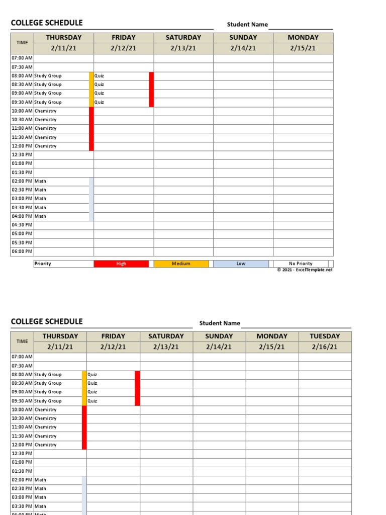 College Schedule: Thursday Friday Saturday Sunday Monday | PDF ...