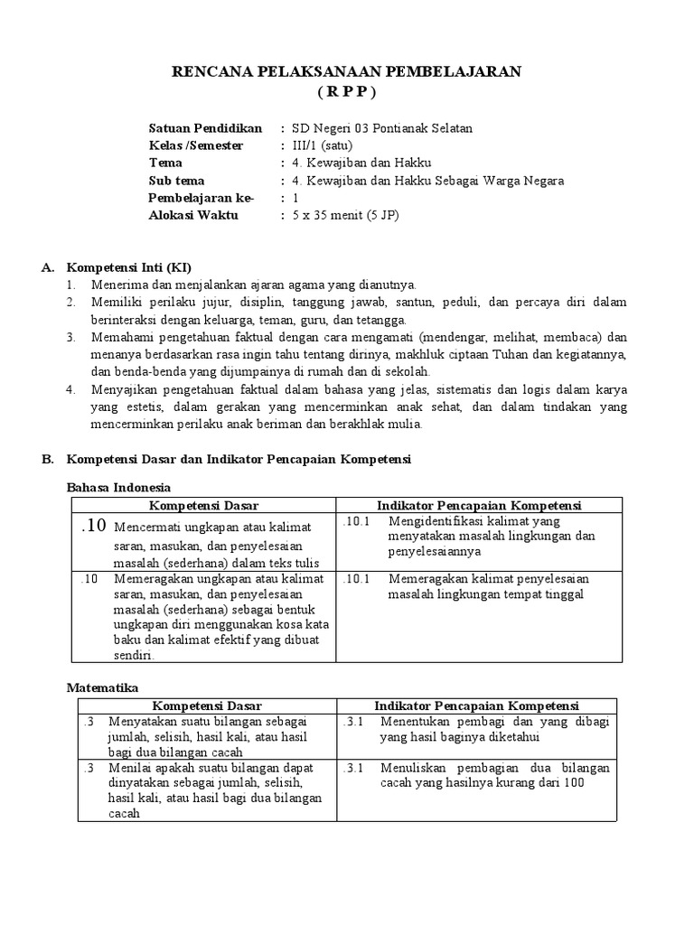 RPP Kelas 3 t4 s4 p1 | PDF