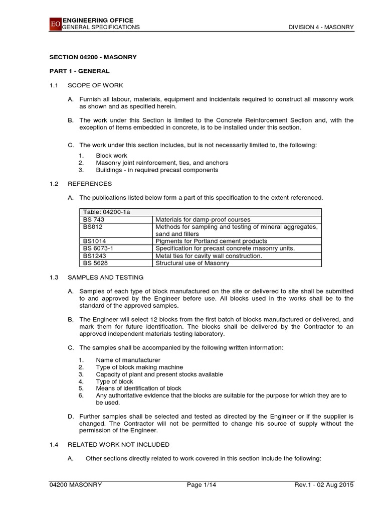 MASONRY SPECIFICATIONS FOR ENGINEERING OFFICE | PDF | Concrete | Masonry