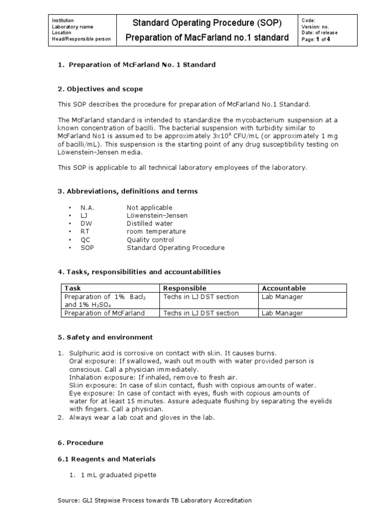 Standard Operating Procedure (Sop) Preparation of Macfarland No.1 ...