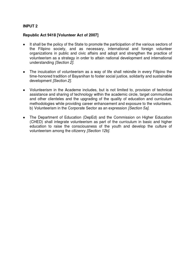 INPUT 2 Republic Act 9418 (Volunteer Act of 2007) | PDF