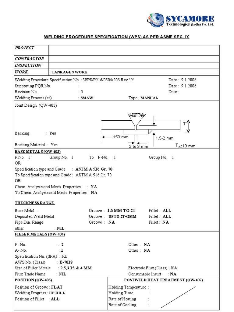 Welding Procedure Specification (WPS) As Per Asme Sec. Ix: Project ...