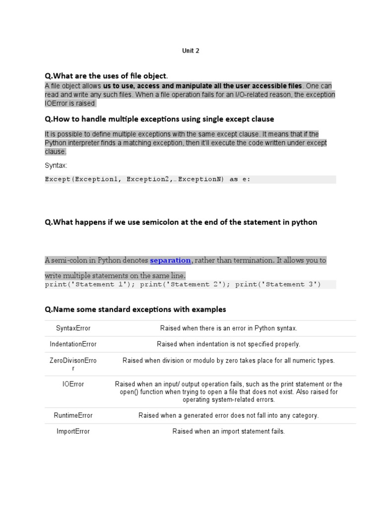 Q.What Are The Uses of File Object: Except (Exception1, Exception2, Exceptionn) As E | PDF ...