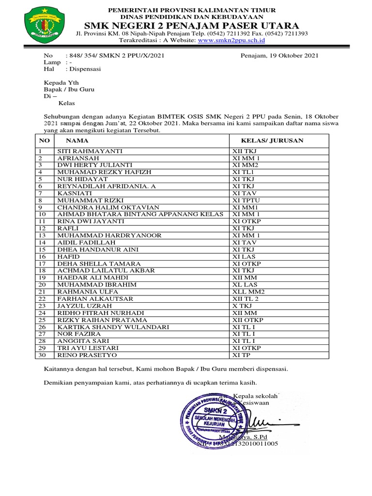 Dispen Untuk BIMTEK OSIS | PDF