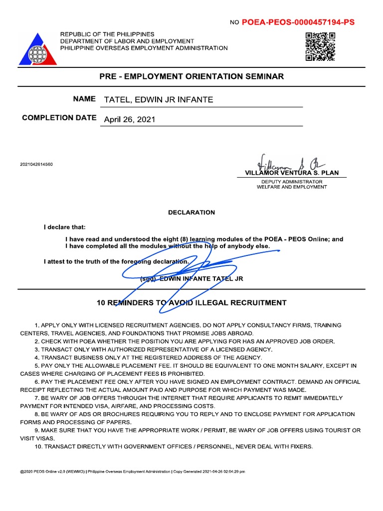 PEOS Certificate | PDF