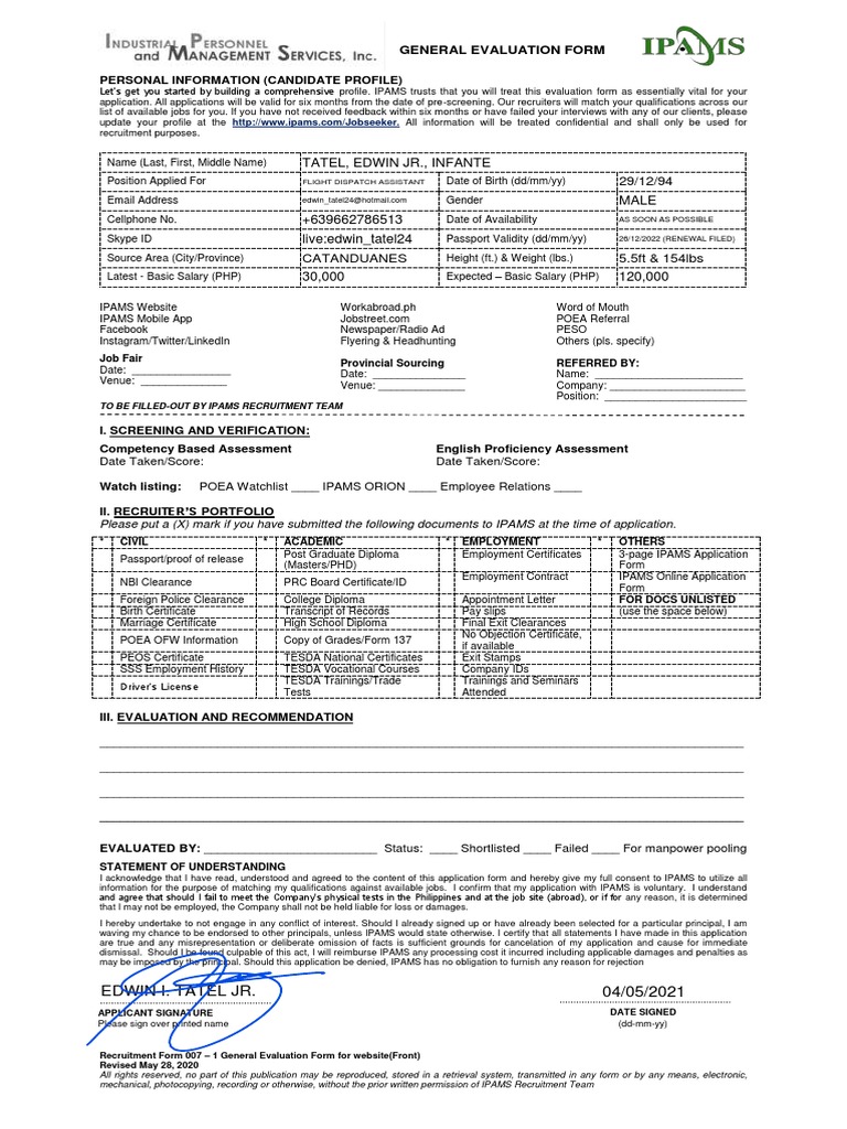 IPAMS General Evaluation Form | PDF | Diploma | Recruitment