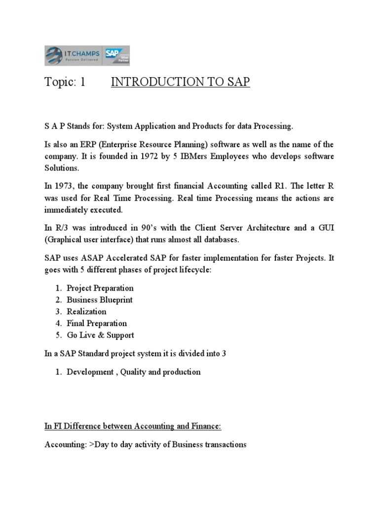 Topic Introduction To SAP | PDF