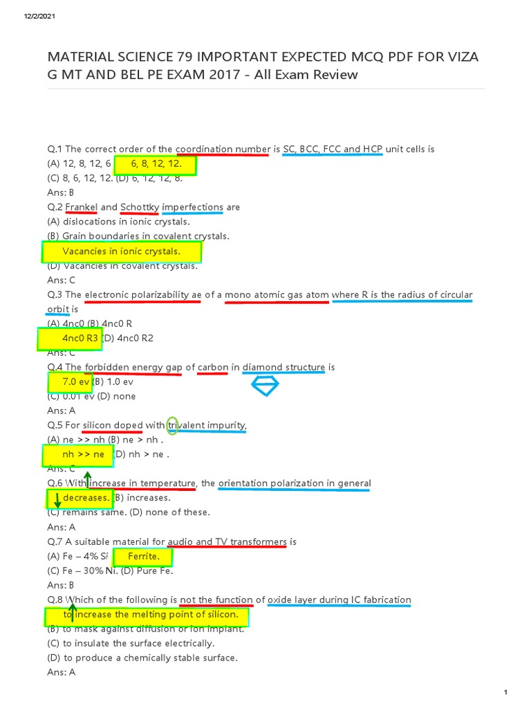 MATERIAL SCIENCE 79 IMPORTANT EXPECTED MCQ PDF FOR VIZAG MT AND BEL PE ...