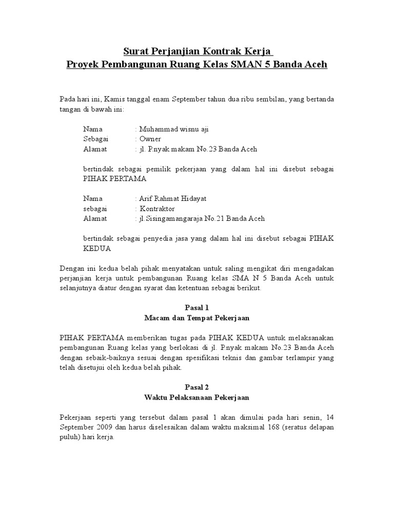Surat Perjanjian Kontrak Kerja Proyek | PDF