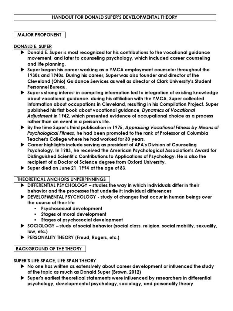 Summary of Donald Super's Developmental Theory | PDF | Self Concept ...