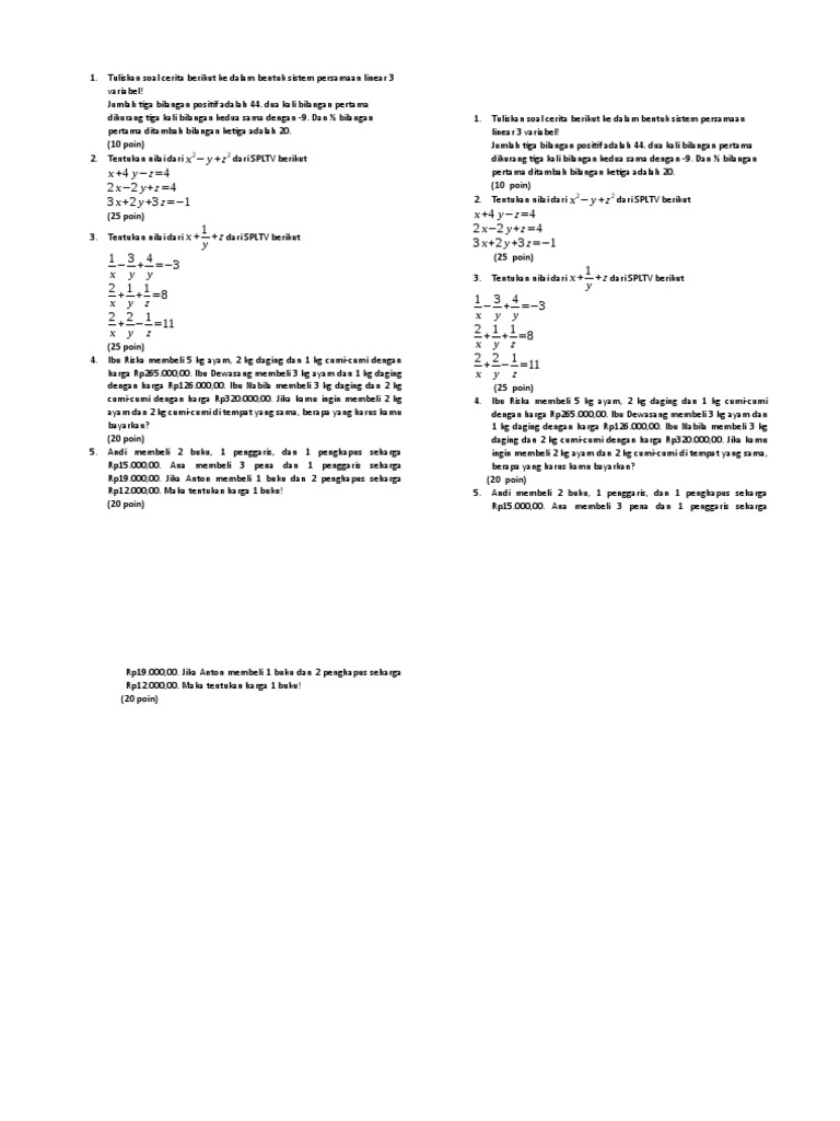 Soal Ulangan SPLTV | PDF
