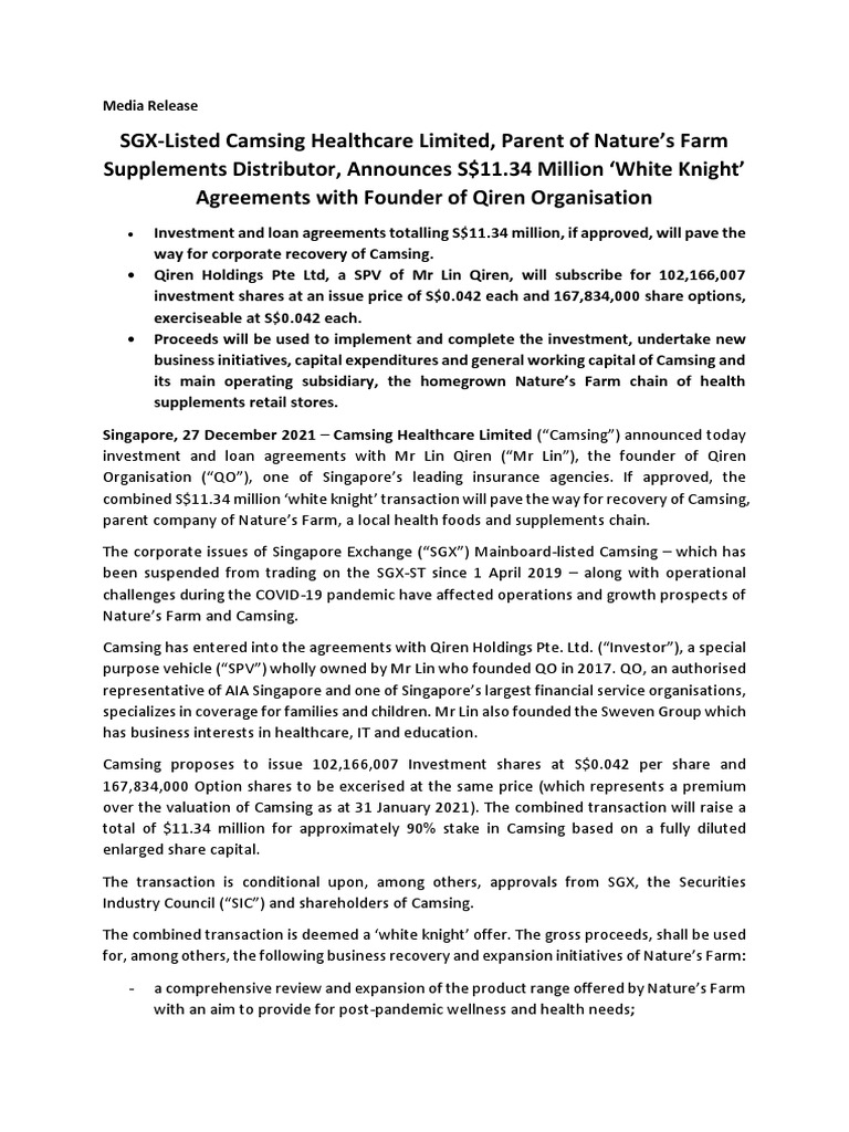 SGX-Listed Camsing Healthcare Limited, Parent of Nature's Farm ...