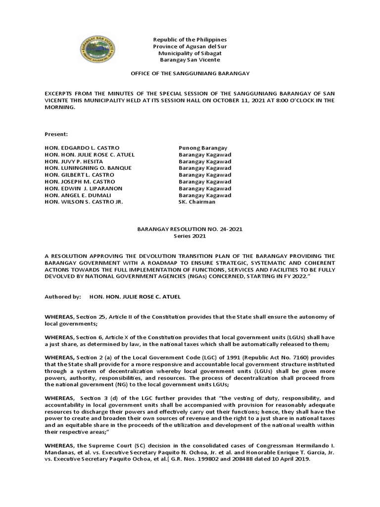 Resolution Approving DTP SAN VICENTE | PDF | Devolution | Local Government