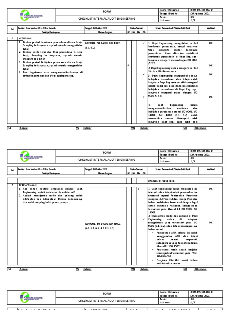 FRM-PJS-MR-007 D Checklist Internal Audit Engineering | PDF