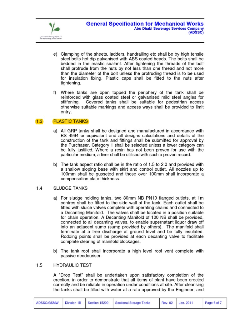 ADSSC Plastic Tank Specification | PDF | Screw | Fiberglass
