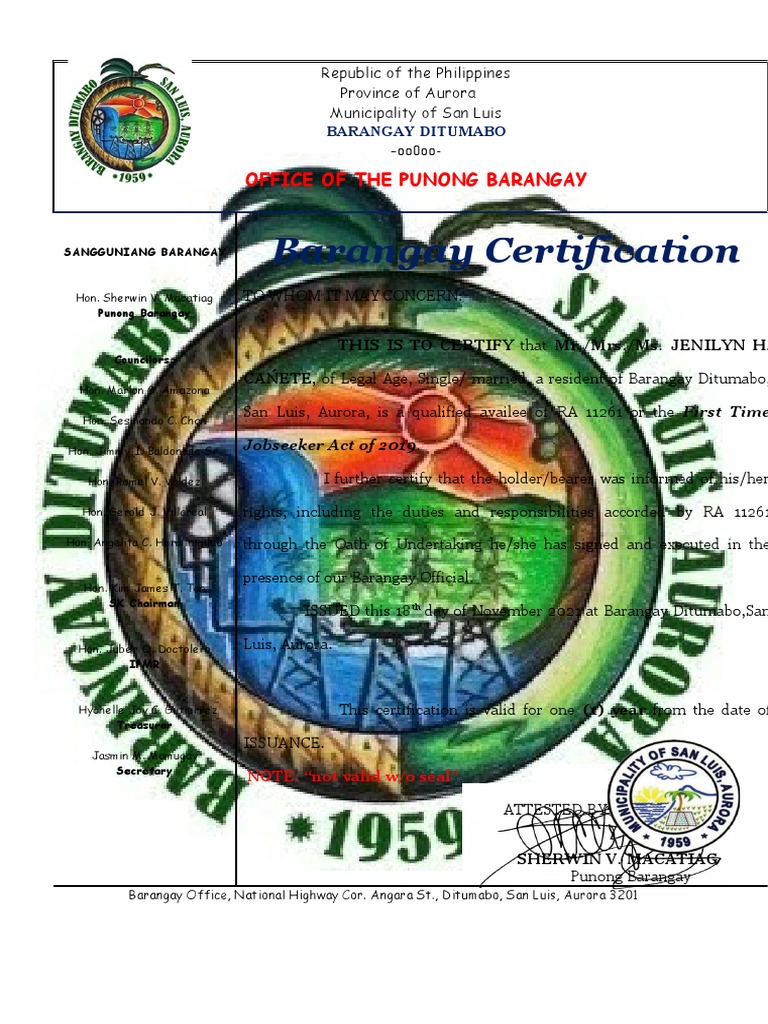 Certificate of First Time Jobseeker | PDF