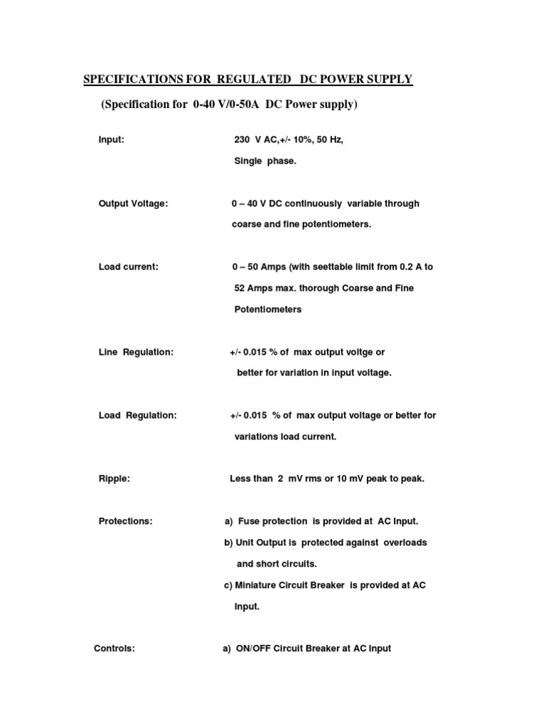 Specifications For Regulated DC Power Supply (Specification For 0-40 V ...