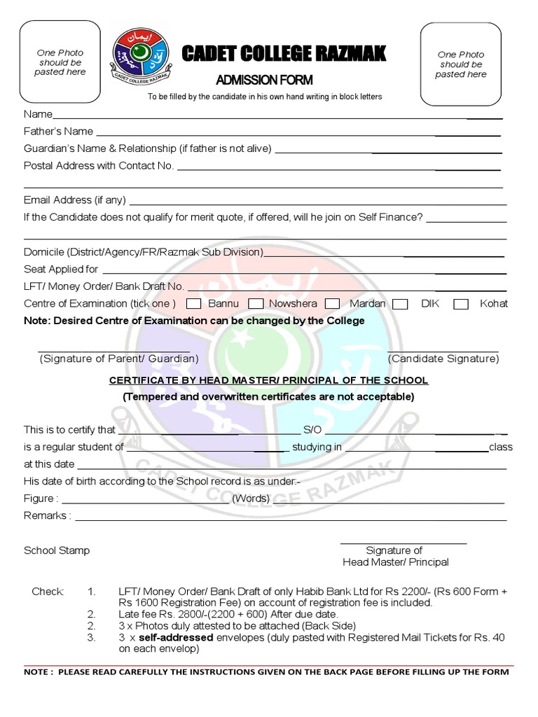 Cadet College Razmak: Admission Form | PDF