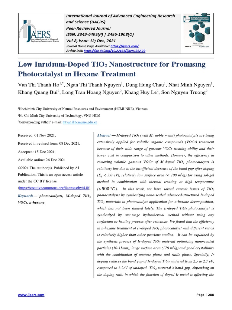 Low Inrıdıum-Doped TiO2 Nanostructure For Promısıng Photocatalyst In ...