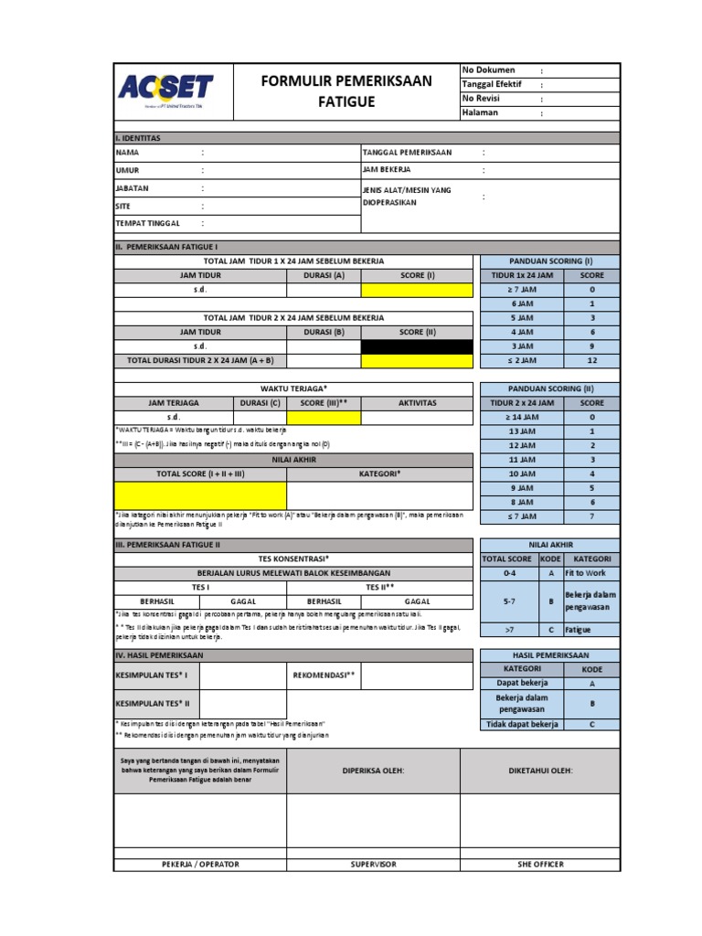 Fatigue Test - Formulir Pemeriksaan Fatigue | PDF