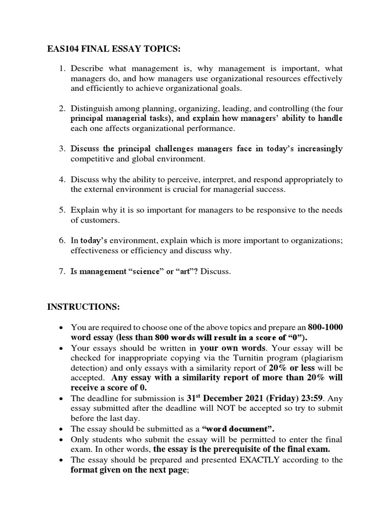 FINAL ESSAY TOPICS AND INSTRUCTIONS (Fall) | PDF | Essays | Turnitin