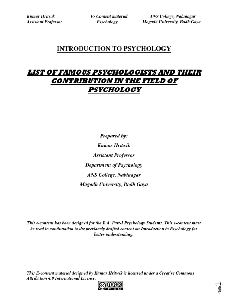 List of Famous Psychologists and Their Contribution. | PDF | Psychology ...