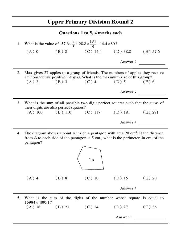 Math Challenge for Upper Primary | PDF | Area | Triangle