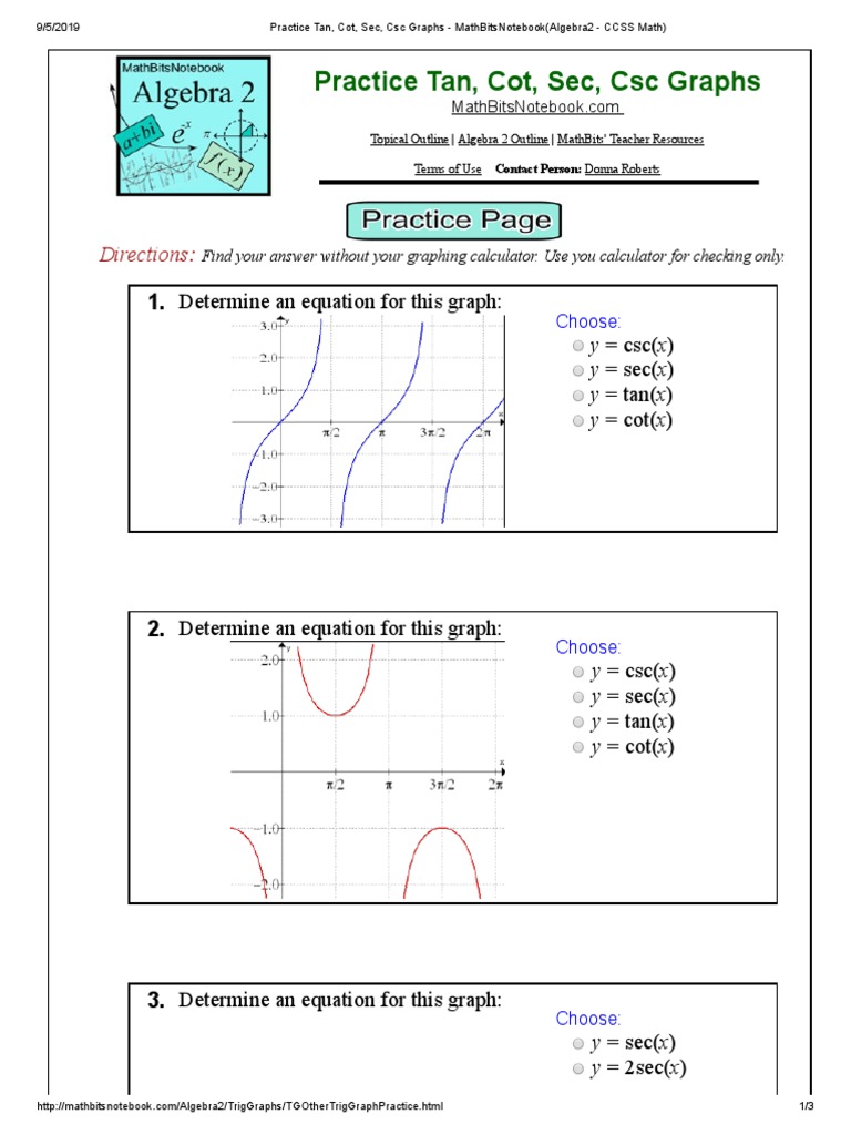 11 Practice Tan Cot Sec Csc Graphs Mathbitsnotebook Algebra2