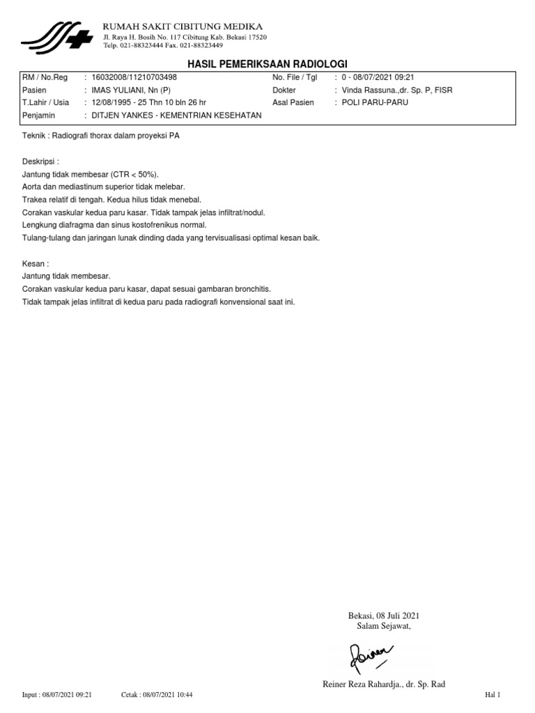Hasil Pemeriksaan Radiologi: Bekasi, 08 Juli 2021 Salam Sejawat | PDF ...