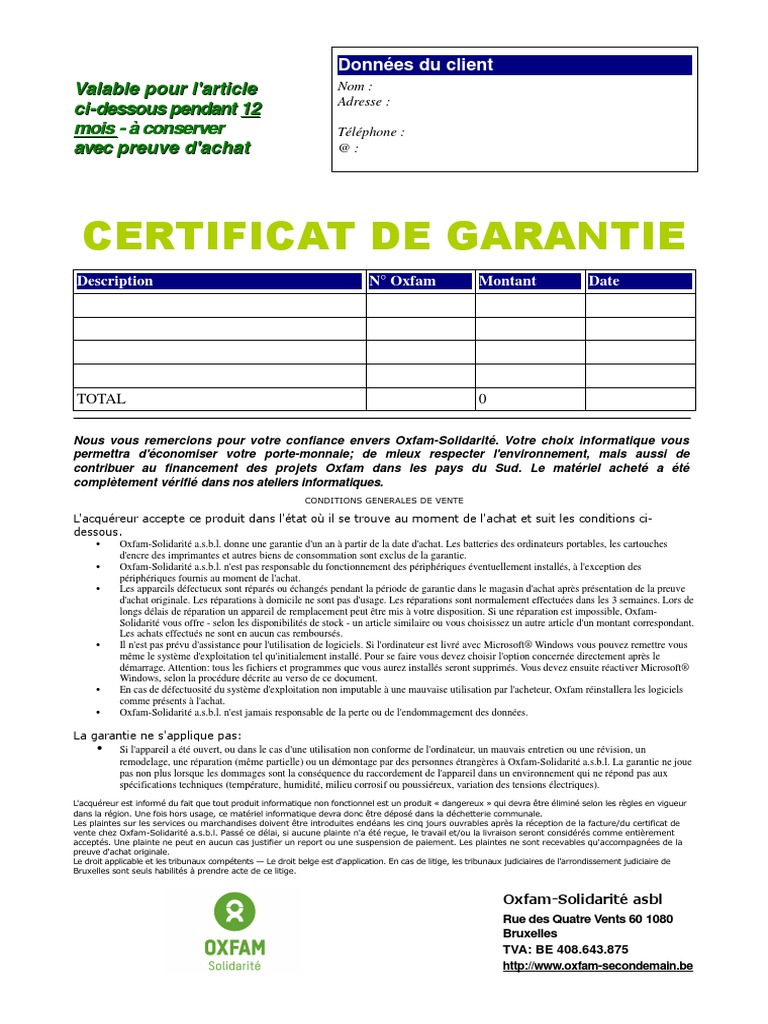 5.2 Exemple Certificat de Garantie | PDF | Informatique | Microsoft Windows