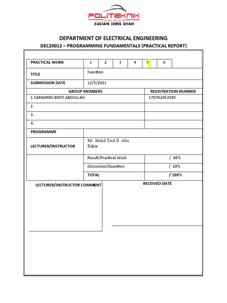 Department of Electrical Engineering: Dec20012 - Programming Fundamentals (Practical Report ...