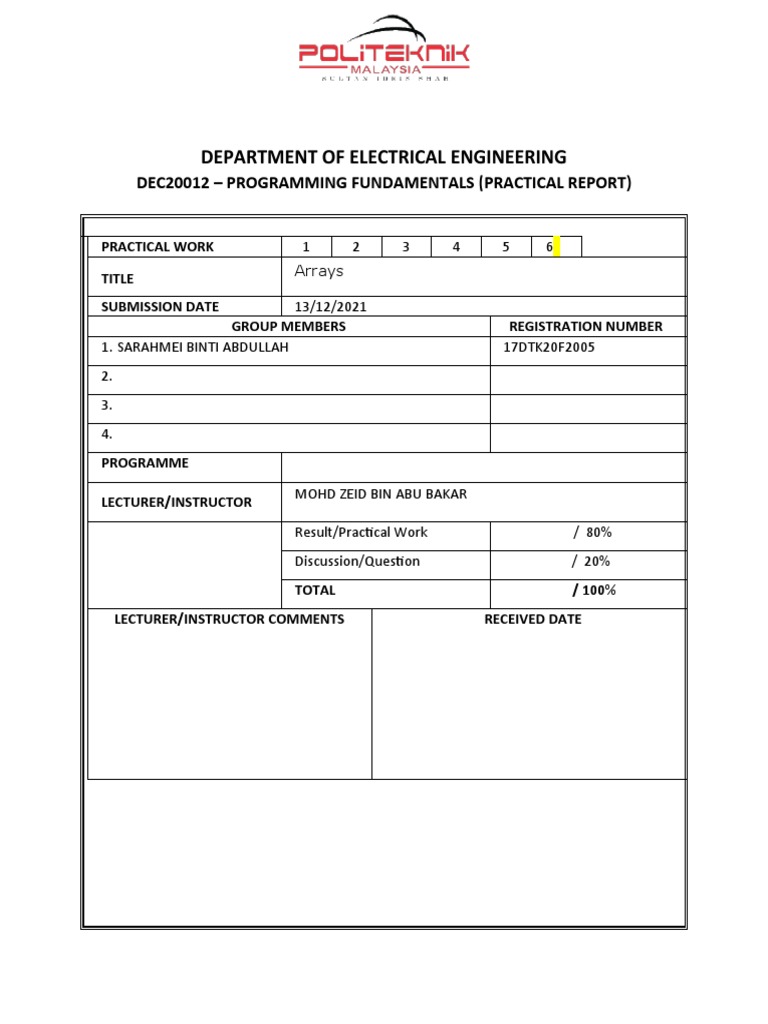 17dtk20f2024 Sarahmei Binti Abdullah Lab Work 6 Pdf Array Data Structure Array Data Type