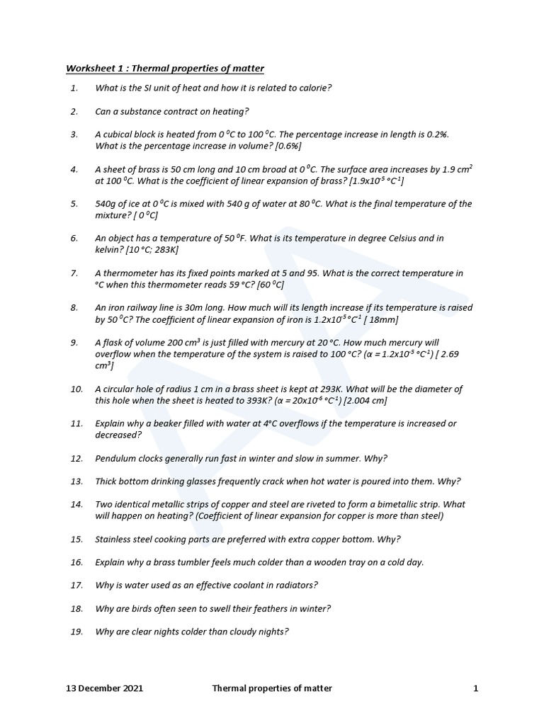 Worksheet 1 - Thermal Properties of Matter | PDF | Thermal Expansion ...