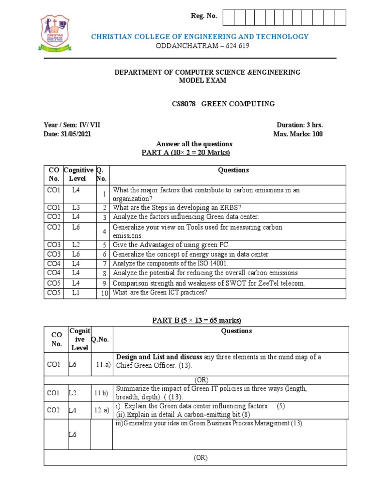 Reg. No. Christian College of Engineering and Technology Department of Computer Science ...