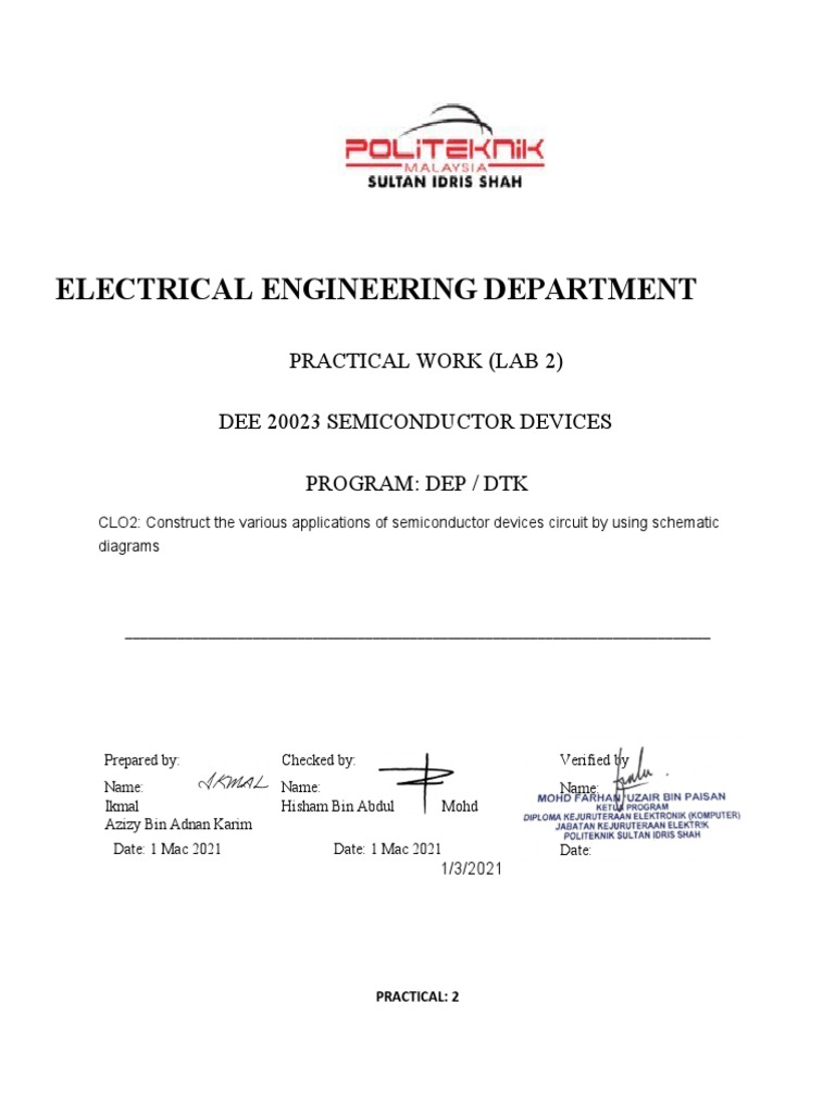 Electrical Engineering Department: Practical Work (Lab 2) Dee 20023 ...