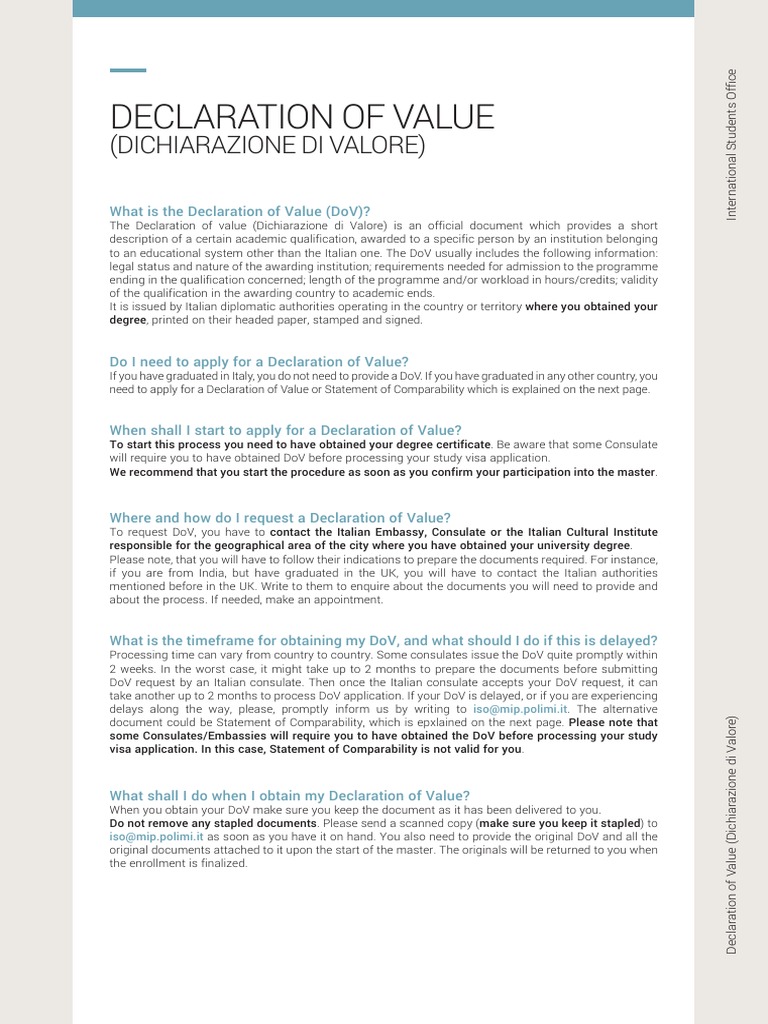Declaration of Value: (Dichiarazione Di Valore) | Download Free PDF ...
