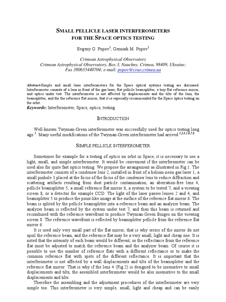 Small Pellicle Laser Interferometers | PDF | Interferometry | Lens (Optics)