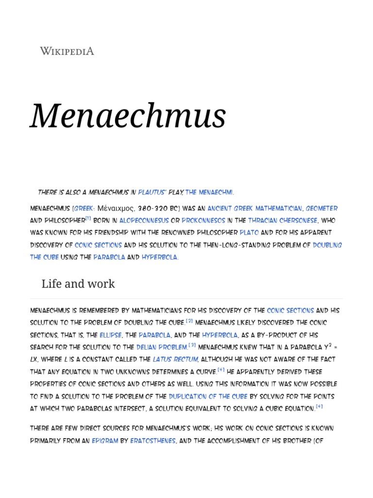 Menaechmus - Wikipedia | PDF | Elementary Geometry | Geometry
