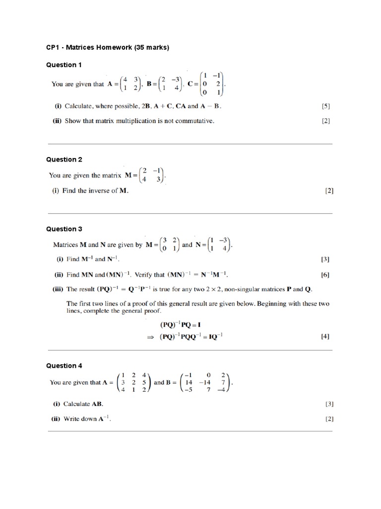 CP1 - Matrices Homework (35 Marks) | PDF