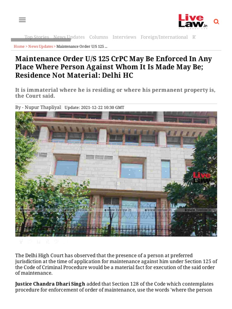 Maintenance Order U - S 125 CRPC May Be Enforced in Any Place Where ...