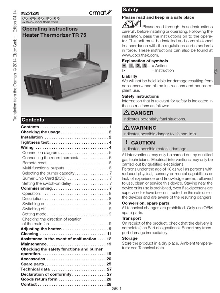 Operating Instructions Heater Thermorizer TR 75: D GB NL PL RUS | PDF ...