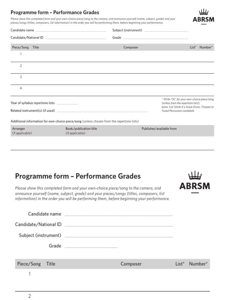 Performance Program: [Candidate Name], [Subject/Instrument], Grade ...