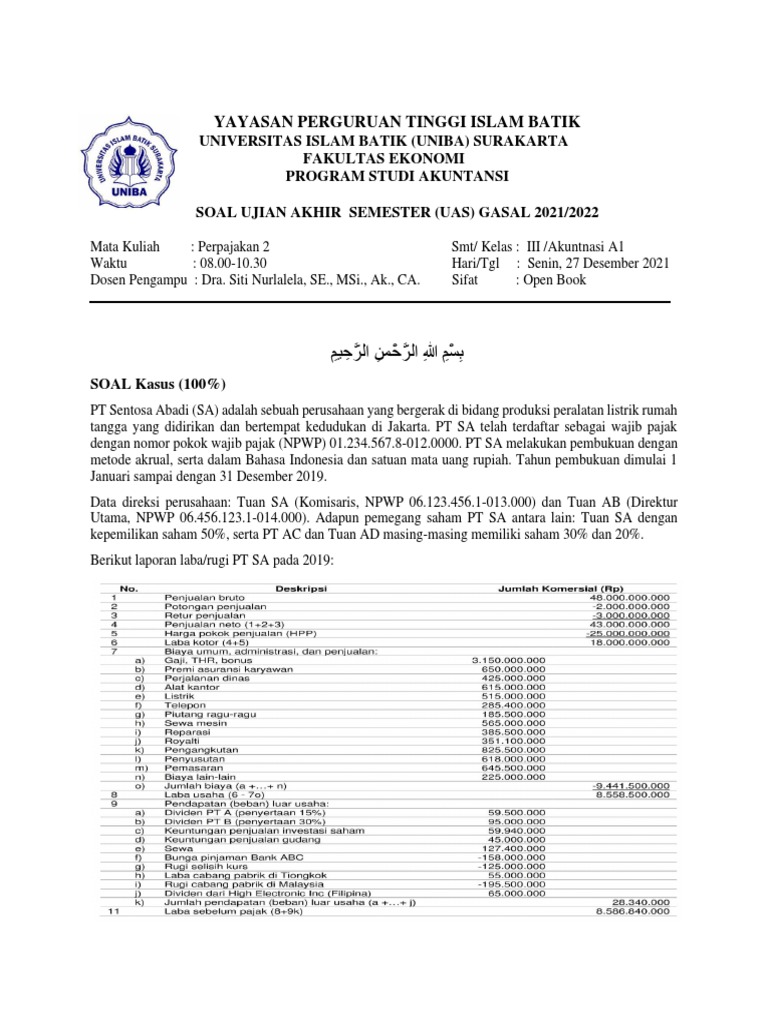 SOAL UAS Perpajakan 2 - 3A1 - Gasal 2020-2021 | PDF