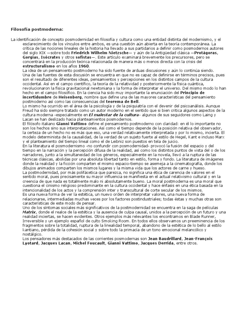 Filosofía Postmoderna | PDF | Metafísica | Teorías filosóficas
